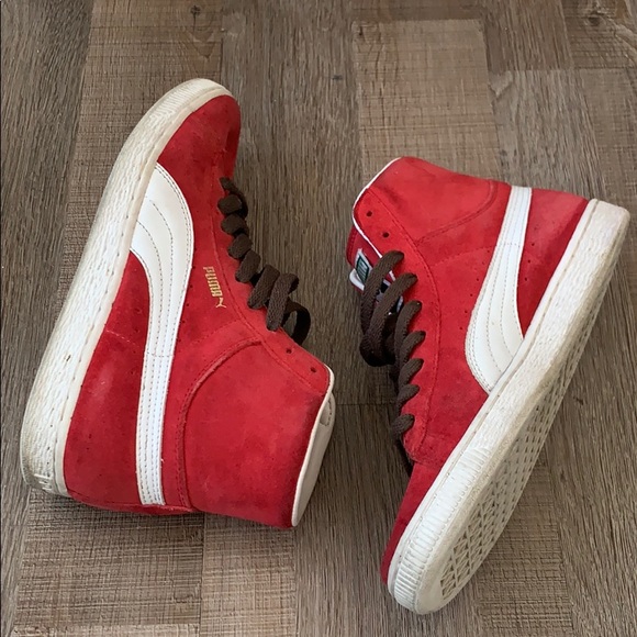 Puma | Shoes | Puma Red Suede Clyde High Top Sneaker | Poshmark